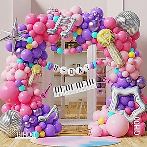 Songstar Birthday Decoration 155pcs Pink and Purple Balloon Arch Kit Hollow Star,Microphone, Disco Mylar Balloon for Music Fans Birthday Popular Singer Birthday Party Decor