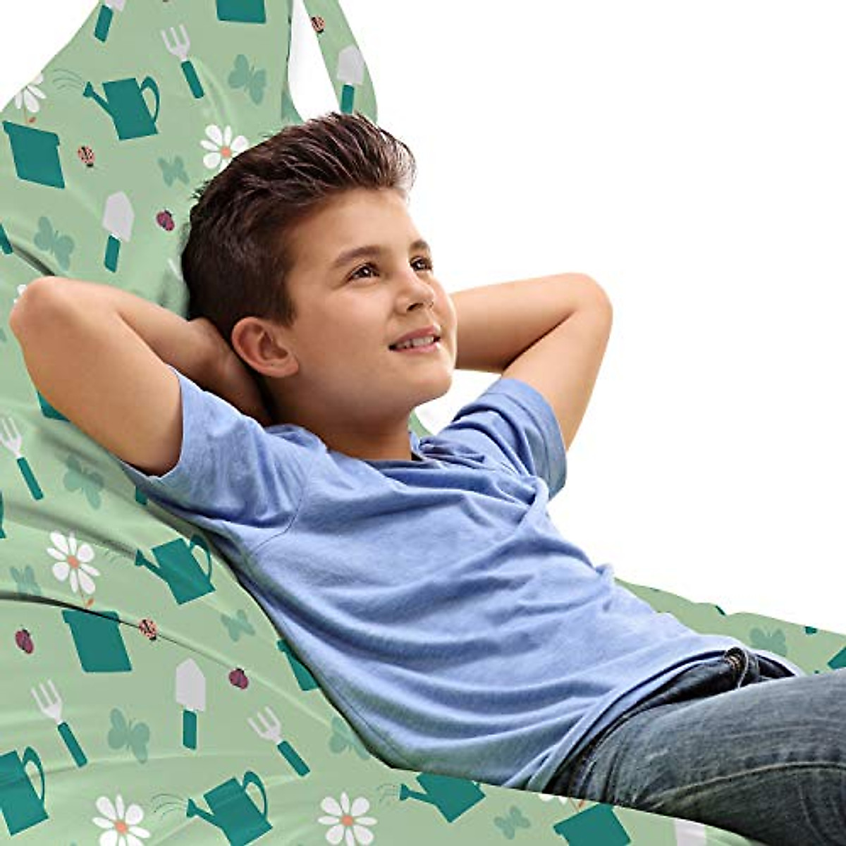 Ambesonne Garden Art Lounger Chair Bag, Colorful Gardening Tools Pattern with Flowerpot Watering Pot and Ladybugs, High Capacity Storage with Handle Container, Lounger Size, Pale Green Teal