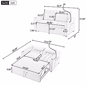 Merax Pull-Out Sofa Bed with Adjustable Backrest and Two Pillows, 3 in 1 Convertible Sleeper Couch & USB Ports, Side Pockets, Cup Holders, 360°Swivel Phone Holder for Living Room, 55.9", Blue Grey