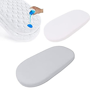 Baby Waterproof Bassinet Mattress Pad Cover and 100% Cotton Sheet(White+Grey), 16" x 32"