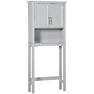 kleankin Modern Over The Toilet Storage Cabinet, Double Door Bathroom Organizer with Inner Adjustable Shelf and Open Shelf, Grey