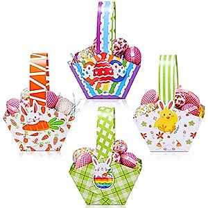 24 Pieces Paper Easter Treat Boxes Easter Treat Baskets Easter Gift Box with Handle Rabbit Egg Easter Basket Candy Goody Cookie Boxes Holder for Party Favor Supplies