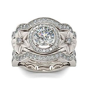 SixTwo 18K Gold Shiny Diamond Ring 3D Flower Ring Set AAA Rount Cubic Zirconia Eternity Band Rings CZ Diamond 3 Pcs Ring Set Wedding Engagement Anniversary Promise Rings Bridal Sets (White Gold, 9)