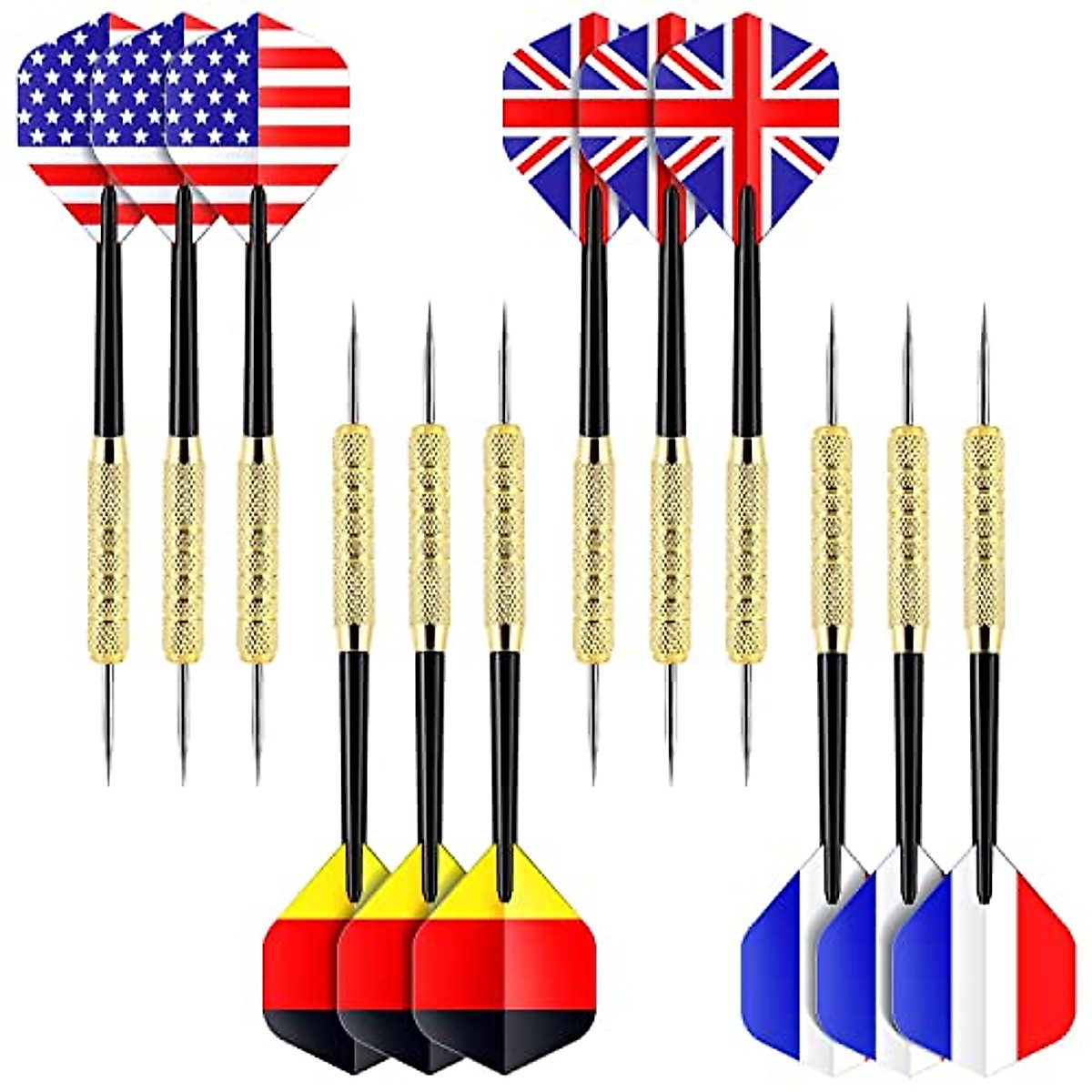 Ohuhu Steel Tip Darts, Professional Metal Darts with National Flag Flights (4 Styles) - Dart Metal Tip Set, 12 Pcs Metal Dart, Darts for Dartboard with 3 Free PVC Dart Rods