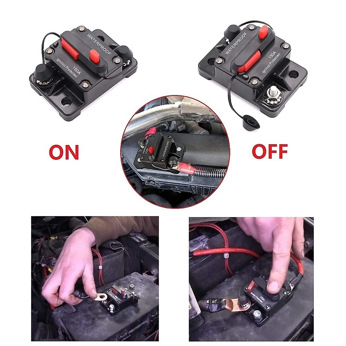 ANJOSHI 150 Amp Circuit Breaker with Manual Reset for Car Truck RV ATV Marine Trolling Motors Boat Audio System Current Overload Protection Inline Fuse Inverter, 20A-150A/12V-42V DC Waterproof (150A)
