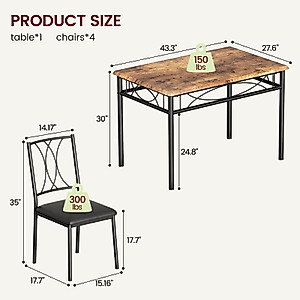 IDEALHOUSE Dining Table Set for 4, Kitchen Table and Chairs, Rectangular Dining Room Table Set with 4 Upholstered Chairs, 5 Piece Dining Table Set for Small Space, Apartment, Rustic Brown