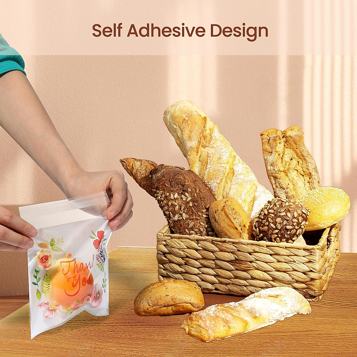 NUOMI 100Pcs Resealable Cellophane Bags Self Adhesive Cello Bags 'Thank You' Printed Poly Cookies Bags for Dessert, Party Treats, Bakery, Candle, Soap, 5.5"X6.7"