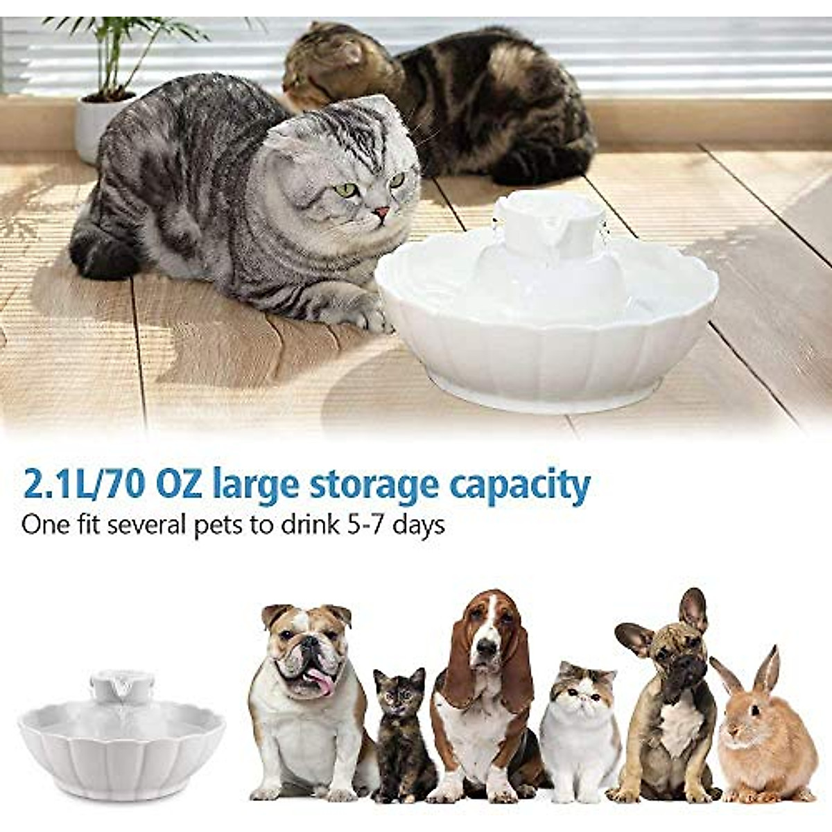 iPettie Tritone Ceramic Pet Drinking Fountain丨Ultra Quiet, Way Better Than Plastic丨Water Fountains for Cats and Dogs 2.1 Liters Pet Water Dispenser with Replacement Filters and Foam, White