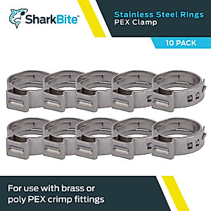 SharkBite 1/2 Inch Clamp Ring, Pack of 10, Stainless Steel Plumbing Fitting, PEX Pipe, PE-RT, UC953A