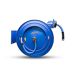 BLUSEAL BSWR5850 Retractable Hose Reel with 5/8" x 50' Hot Water Rubber Hose, 6' Lead-in, 500 PSI, Brass Fittings, Swivel Mount Hose Reel, 9 Pattern Spray Nozzle