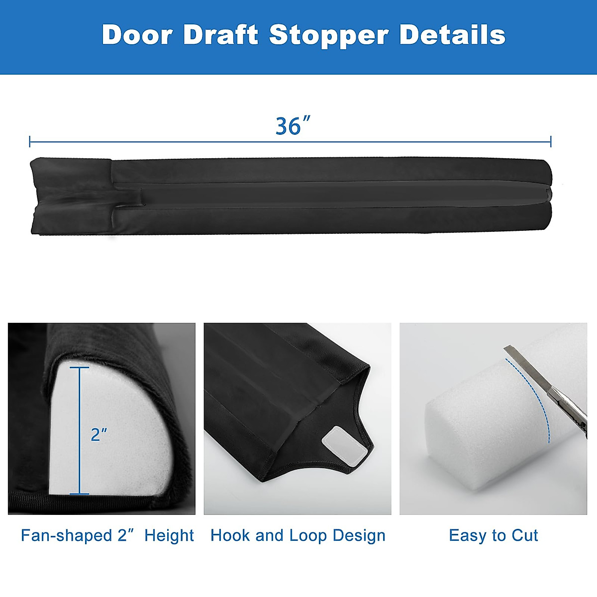 DCUINS Door Draft Stopper, 36 Inch Under Draft Guard Noise Blocker, Seal Bottom of Doors 30'' to 36'' Gap Filler up to 1.7'' Front Door Sweep, Machine Washable, Black