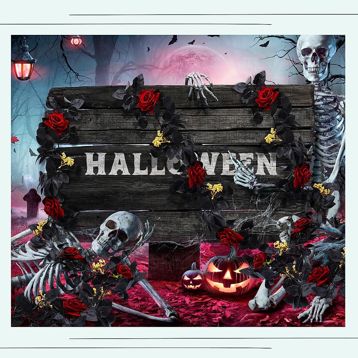 Zeyune 5 Pcs Halloween Artificial Black Rose Vine Fake Floral Wall Hanging Ornaments Dark Flower Floral Vines Decorative Black Rose Garland with Golden Berries and Black Leaves for Home Wedding Party