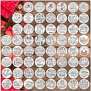 Small Christmas Stencils for Painting on Wood Reusable - 3 Inches Round Holiday Xmas Drawing Ornaments Stencil Templates for DIY Crafts Tier Tray Wood Décor (60pcs words 3in round-1)