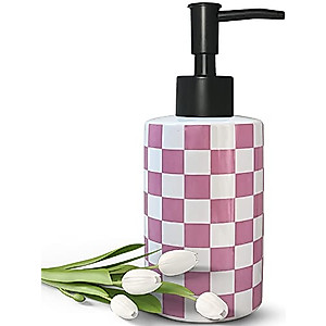 Bathroom Soap Dispenser with Matte Black Pump White Ceramic Soap Dispenser for Kitchen Checkerboard Empty Pump Bottle (Pink)