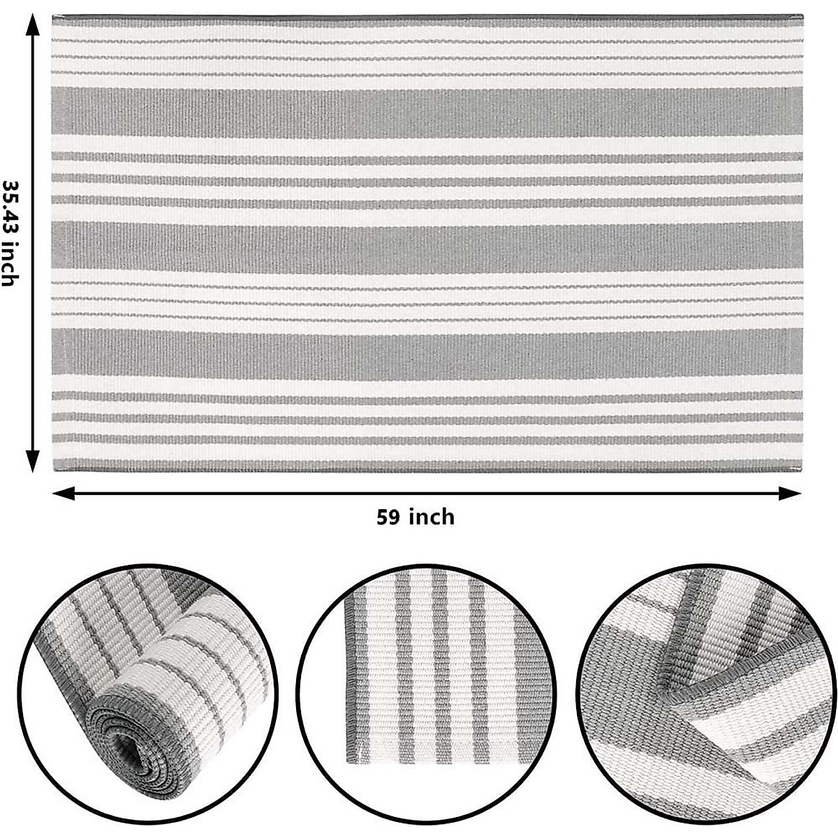 Grey and White Outdoor Rug 3'x 5' Front Porch Rug Cotton Hand-Woven Striped Rug Machine Washable Indoor/Outdoor Area Rug Front Door Floor Mat for Farmhouse/Layered Door Mats/Living Room/Entryway
