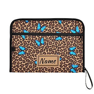 Blue Butterfly Leopard Cheetah Print Expanding File Folder, 13 Pockets Accordion File Organizer with Sticky Labels Zipper Portable A4 Document Organizer for Home Office School Supplies