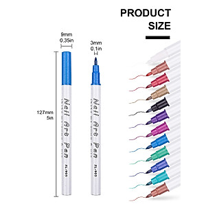 12 Color Metal Giltter 3D Nail Art Pens Set, Kalolary Nail Point Graffiti Dotting Pen Drawing Painting Liner Brush for DIY Nail Art Beauty Adorn Manicure Tools(E)