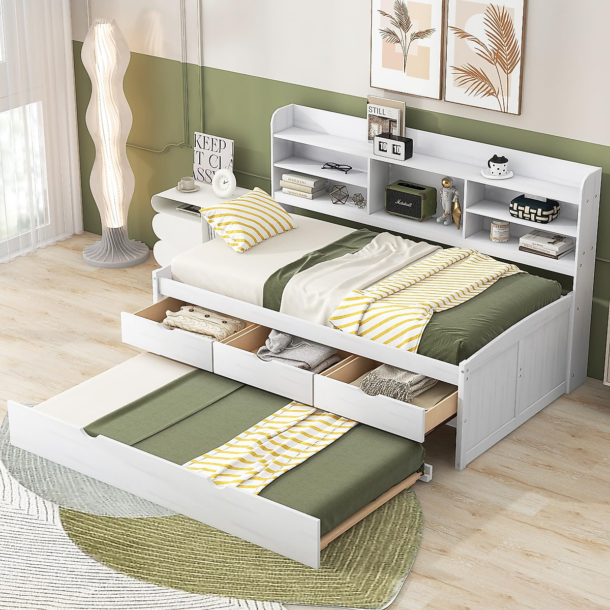 MiHunnor Twin Size Captain Bed with Built-in Bookshelves, Wooden Daybed with 3 Storage Drawers and Trundle, Sofa Bed Frame for Bedroom Living Room