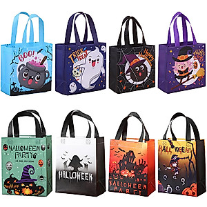 8PCS Halloween Trick or Treat Bags Assorted Size,Halloween Tote Bags with Handles Treat Bags for Kids,Reusable Halloween Goodie Candy Snack Bags for Party Favors