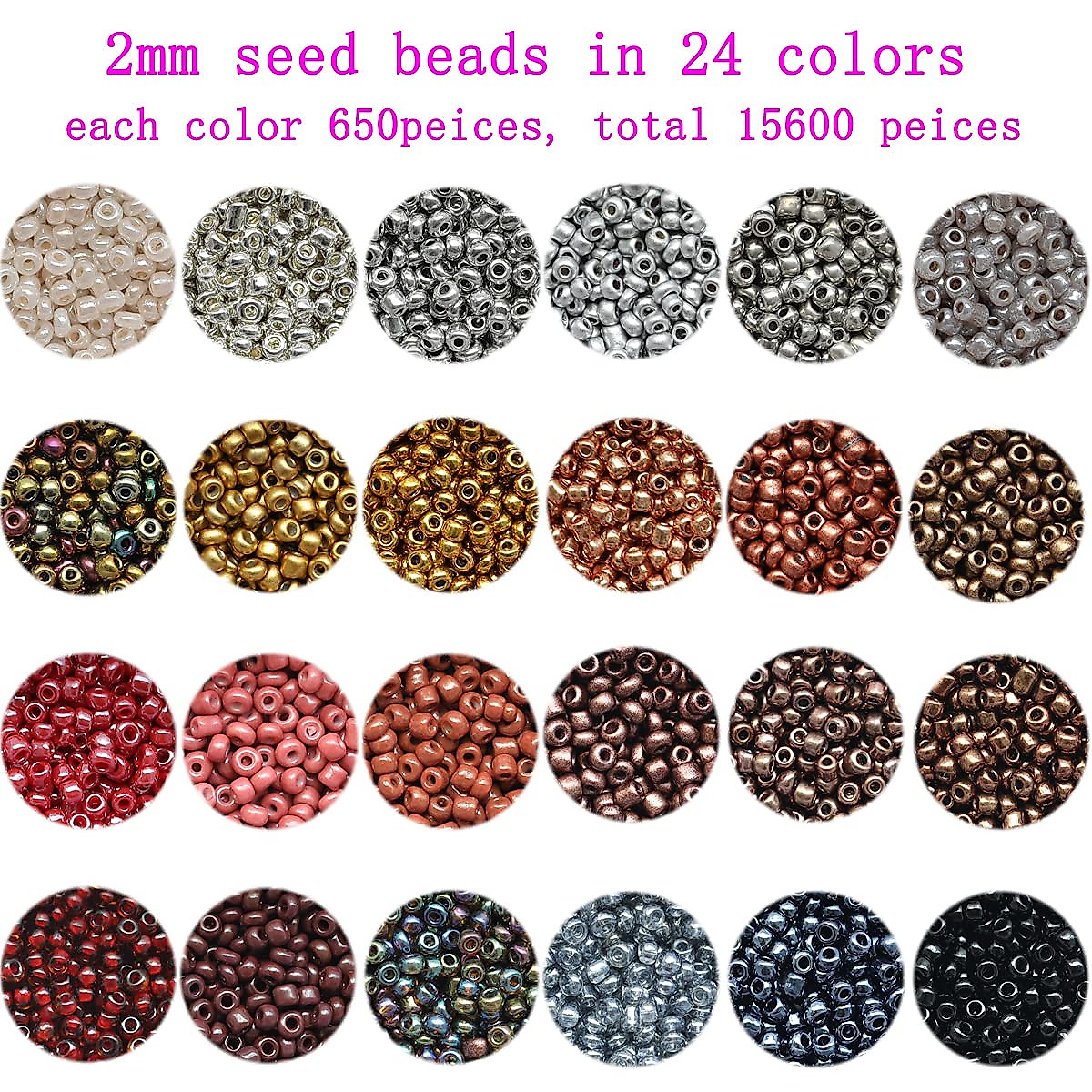 VOOMOLOVE 12/0 Glass Seed Beads About 15600pcs 24 Colors 2mm Loose Seed Beads Kit Bracelet Making Beads with 24-Grid Plastic Storage Box for Jewelry Making