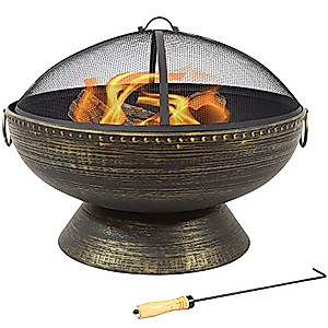 Sunnydaze 30-Inch Fire Pit Bowl with Spark Screen, Fireplace Poker, and Metal Grate - Black High-Temperature Paint Finish