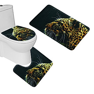 Amagical 16 Pieces Black Leopard Bath Mat Set Shower Curtain Set Bathroom Mat Contour Mat Toilet Cover Shower Curtain 12 Hooks