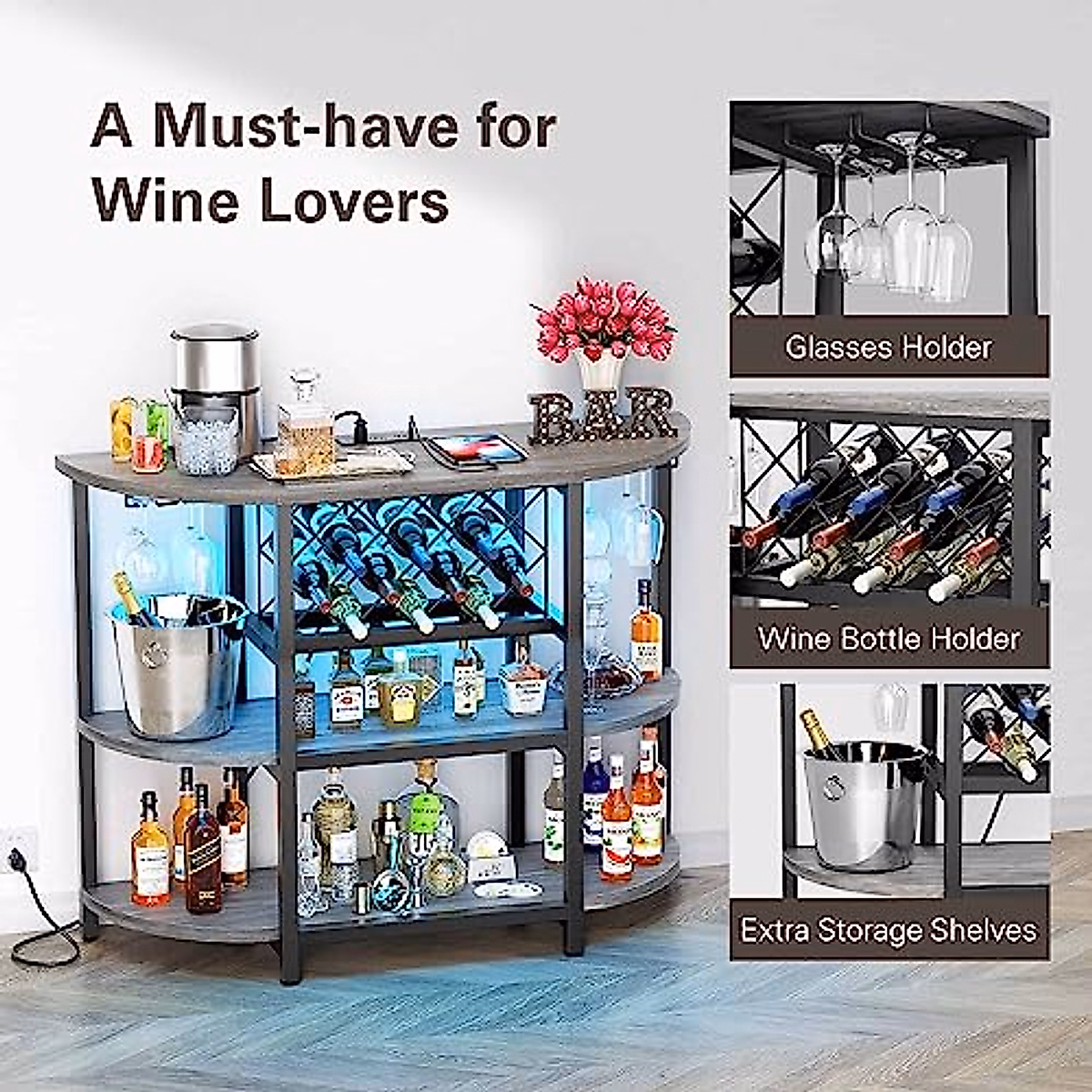 Zarler Bar Table Cabinet with Power Outlet, LED Home Mini Bar for Liquor and Glasses, Metal Wine Bar Stand with 4-Tier Storage, Grey