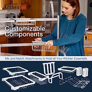 Kitchen Lux Over The Sink Dish Drying Rack - Kitchen Counter Dishes Drainer and Hanging Storage Organizer for Single, Wide, Double Sinks - Space Saving Design, Utensil Holder, Hooks Plate & Cup Rack