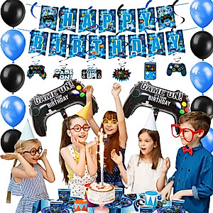 KOTLMIGHT Blue Gamer Birthday Party Decoration - 270Pcs Video Game Gaming Party Supplies For Boys Birthday Party - Table Cover, Plates, Cups, Napkins, Utensils, Stickers, Bracelets Serves 16 Guests