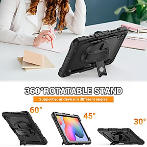 SEYMAC Case for Samsung Galaxy Tab S6 Lite 10.4'' 2024/2022/2020 (SM-P620/P610/P615), Heavy Duty Full-Body Shockproof Protective Case with Screen Protector, Rotating Stand, Hand/Shoulder Strap, Black