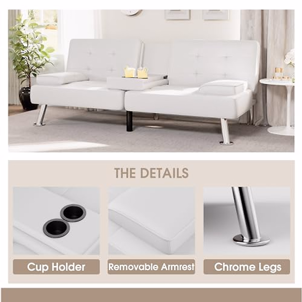 Flamaker Futon Sofa Bed Modern Folding Futon Set Faux Leather Convertible Recliner Lounge for Living Room with 2 Cup Holders, Removable Armrests (Faux Leather, White)