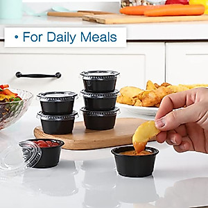 [130 Sets - 2 Oz ] Black Plastic Portion Cups, Jello Shot Cups, Small Plastic Containers with Lids, Airtight Salad Dressing Container, Dipping Sauce Cups, Condiment Cups for Lunch, Party to Go, Trips