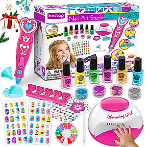 BATTOP Kids Nail Polish Set for Girls, Nail Art Kits with Nail Dryer & Glitter Pen, Quick Dry & Peel Off & Non-Toxic Nail Polish Birthday Gifts for Girls Ages 6 7 8 9 10 11 12
