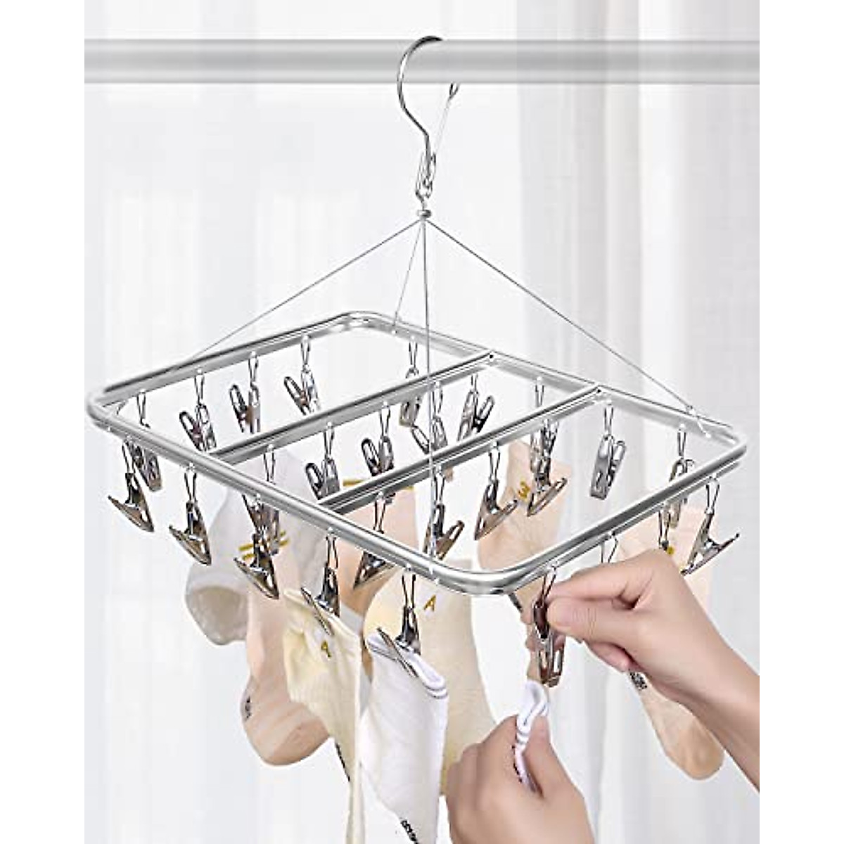 Gorffy Clothes Drying Rack with 26 Clips, Aluminum Sock Hanger Laundry Rack, Clothing Drying Rack with Windproof Hook, Sock Drying Rack Indoor & Outdoor, Underwear Hanger for Baby Clothes, Bras