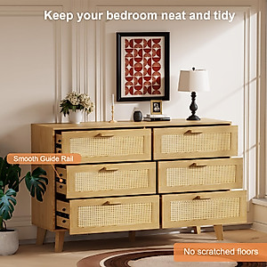 XDliv Rattan Dresser, 6-Drawer Dresser for Bedroom, Double Dresser Rattan Storage Chest Unit Walnut