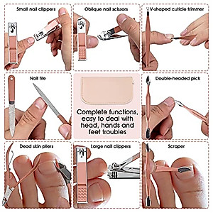 Nail Clippers and Beauty Tool Portable Set, Rose Gold Martensitic Stainless Steel Manicure Set 12 in 1, with Pink Leather Bag, Suitable for Home, Workplace, Outdoor Travel, Gift Giving, Beauty Salon.