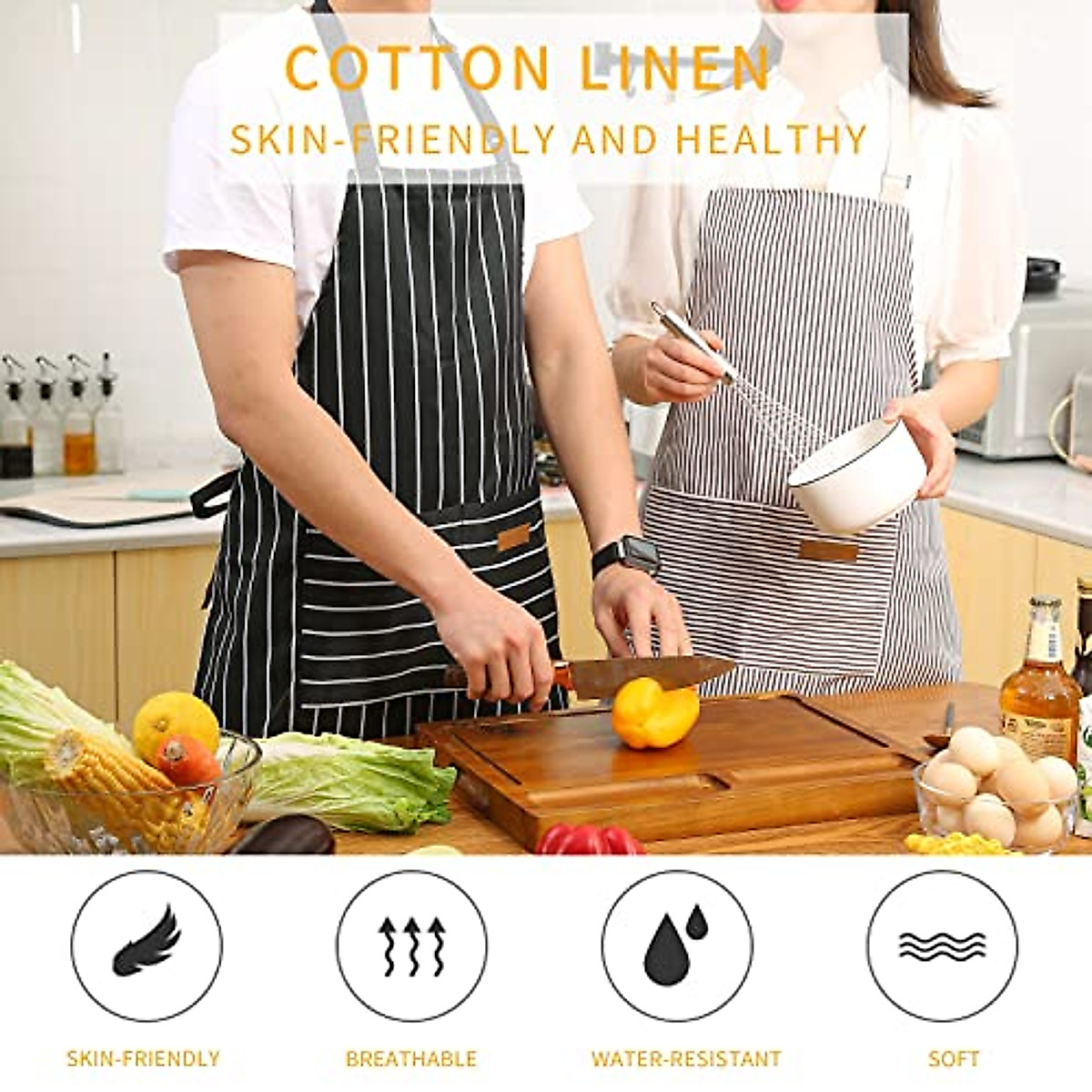 Tosewever 2 Pieces Kitchen Cooking Aprons, Cotton Polyester Blend Adjustable Bib Aprons with 2 Pockets for Women Men Chef Chef (Black/Brown Stripes, 2)