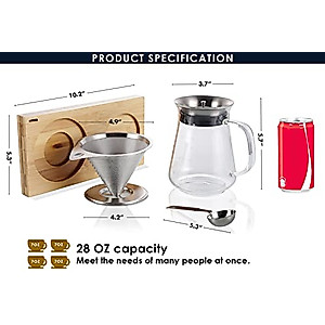 Aquach Pour Over Coffee Maker Set with Extra Large Coffee Dripper, 28 oz Glass Carafe, Stainlesss Steel Coffee Scoop and Bamboo Storage Tray, Unique Set for Home or Office