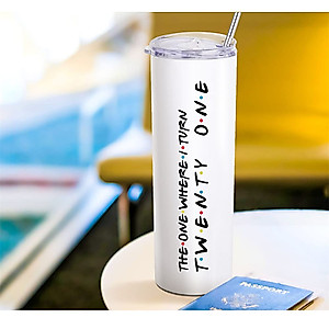 21st Birthday Gifts For Her 21st Birthday Decorations For Her 20 OZ White Skinny Wine Tumbler Turn 21 Travel Cup With Lid Straw Happy 21 Year Old Bday Presents For 2003 Born Women Girls Female