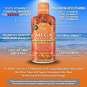 Mega Premium Liquid Multivitamin | Natural Immune Support Vitamin w/ 1333% Vitamin C, 200% D3, Zinc + 20 Vitamins, 70 Minerals, & 21 Amino Acids | Sugar Free | Orange Flavor | 98% Absorption | 32 Serv