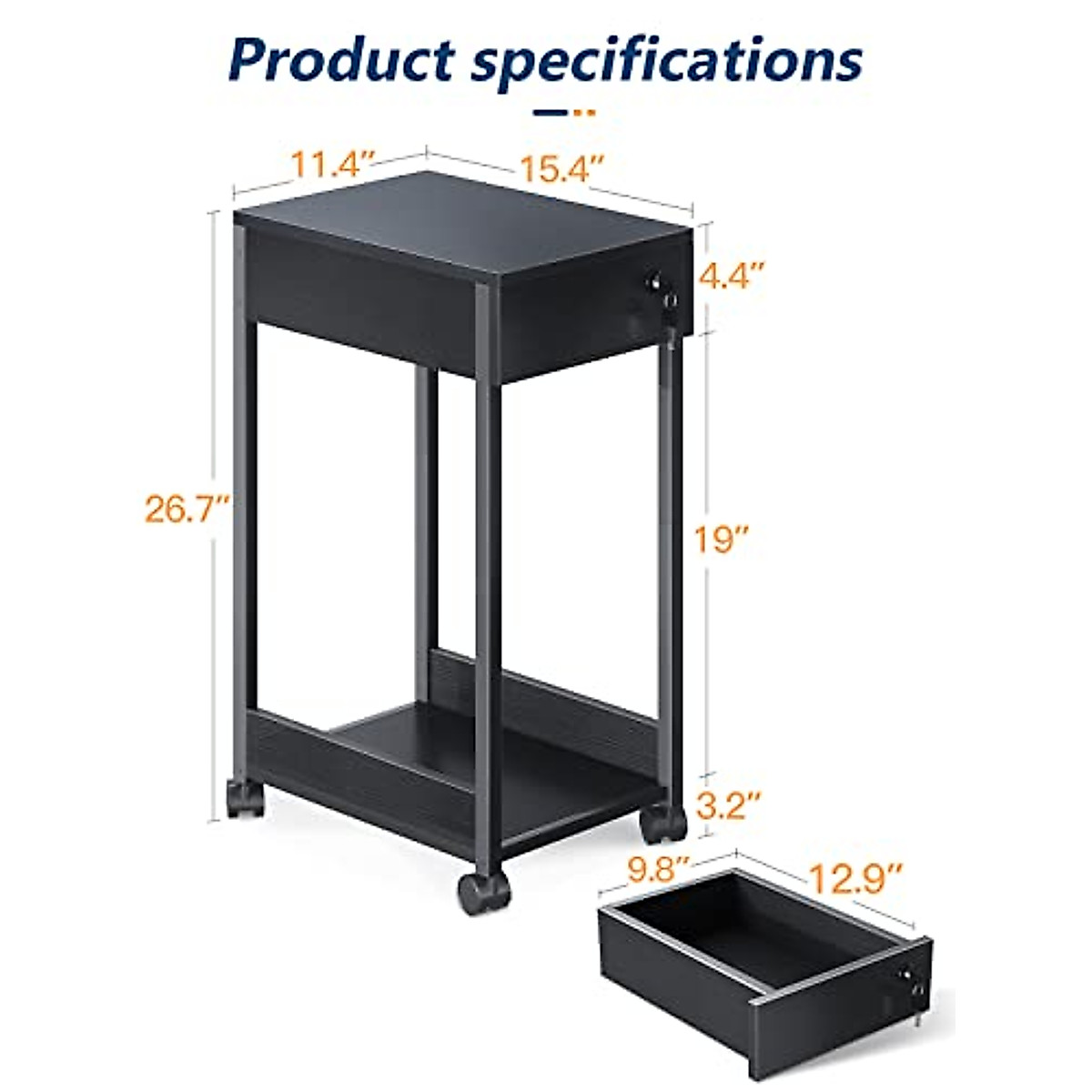 ODK 3-Tier Printer Stand with Storage, Computer Tower Stand with Drawer & Key, Movable CPU Stand, Under Desk Printer Shelf, Storage Shelf with Lockable Wheels for Home Office Black