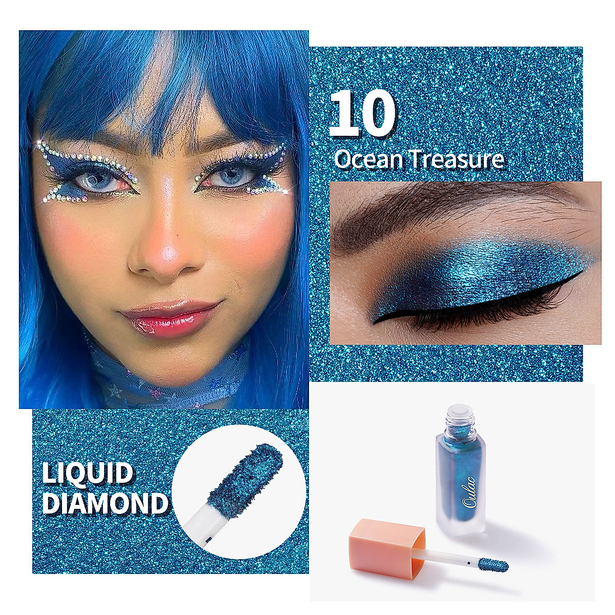 Oulac Blue Liquid Glitter Eyeshadow Liquid Shimmer Eyeshadow Liquid Eyeliner Non-sticky One-Swipe Coverage with Quick-Drying Crease-resistant Formula.Vegan & Cruelty-Free.(10)