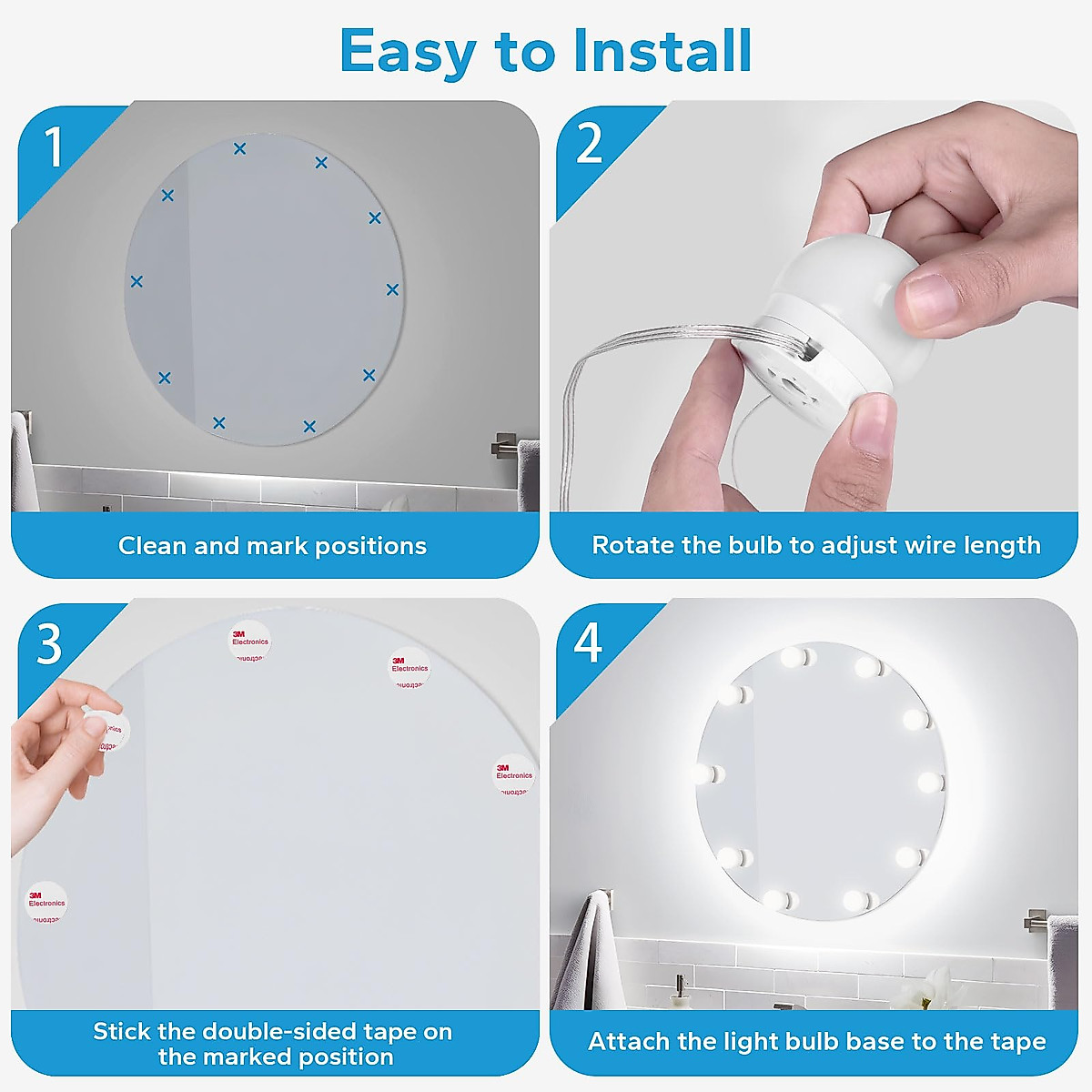 LED Vanity Lights for Mirror, Vanity Lights Stick on with 10 Dimmable Bulbs, 3000K 4000K 6500K & 10 Level Brightness Adjustable, USB Cable, Hollywood Mirror Lights for Makeup Dressing Room Bathroom