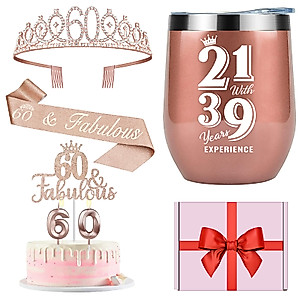 60th Birthday Decorations Gifts for Women Including Crown, Sash, Cake Topper, Candles and 12oz Wine or Coffee Tumbler Mug with Lid, Gifts for 60 Year Old Woman