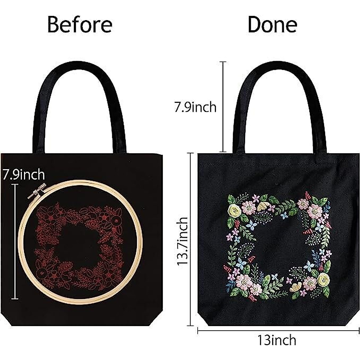 Stamped Embroidery Tote Bag Kits with Birds and Pink Flowers Pattern Hoops Threads Needlework Art Reusable Shopping Storage Canvas Handbag Cross Stitch Kits for Woman Home Organizer