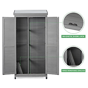 Outdoor Wooden Storage Shed with Metal Top, Tall Vertical Tool Cabinet for Backyard Garden Patio Lawn