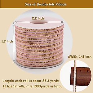 JESEP YONG 1/8" Assorted Satin Ribbon with Gold Edge Solid-1000 Yards-3mm ContinuousThin Ribbon Boutique Gift Wrapping Package Ribbon-DIY Crafts-Balloons-Florists-Showers Deco Ribbon(12 Colors)