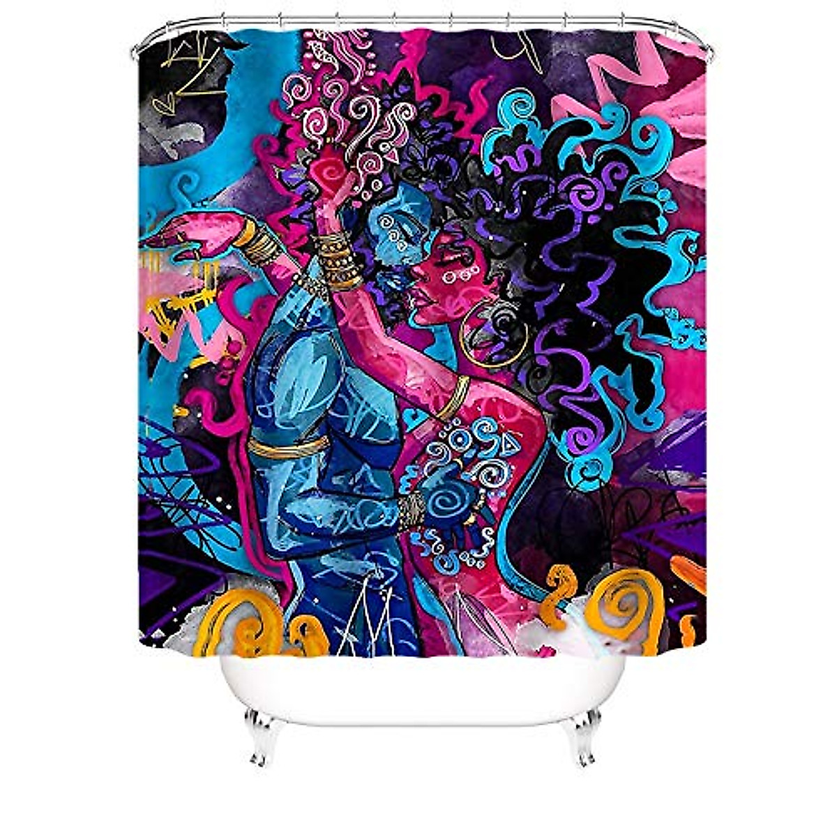 4Pcs Sets African American King&Queen Shower Curtain Met Set with Non-Slip Rugs, Toilet Lid Cover and Bath Mat,Shower Curtain with 12 Hooks, Durable Waterproof Shower Curtain