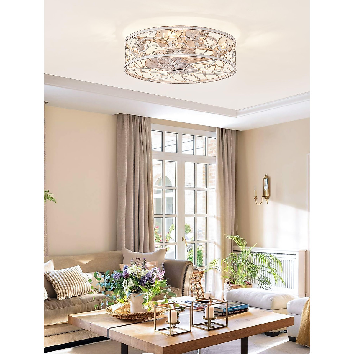 LEDIARY Caged Ceiling Fans with Lights, White Flush Mount Ceiling Fan with Remote, Small Low Profile Bladeless Ceiling Fan Light Fixture for Bedroom, Kitchen, Dining Room-White Gold Color