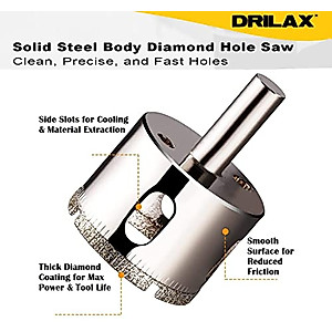 Drilax 1 3/4 Inch Diamond Hole Saw Drill Bit Ceramic, Porcelain Tiles, Glass, Granite Counter top Shower, Faucet Size 1-3/4